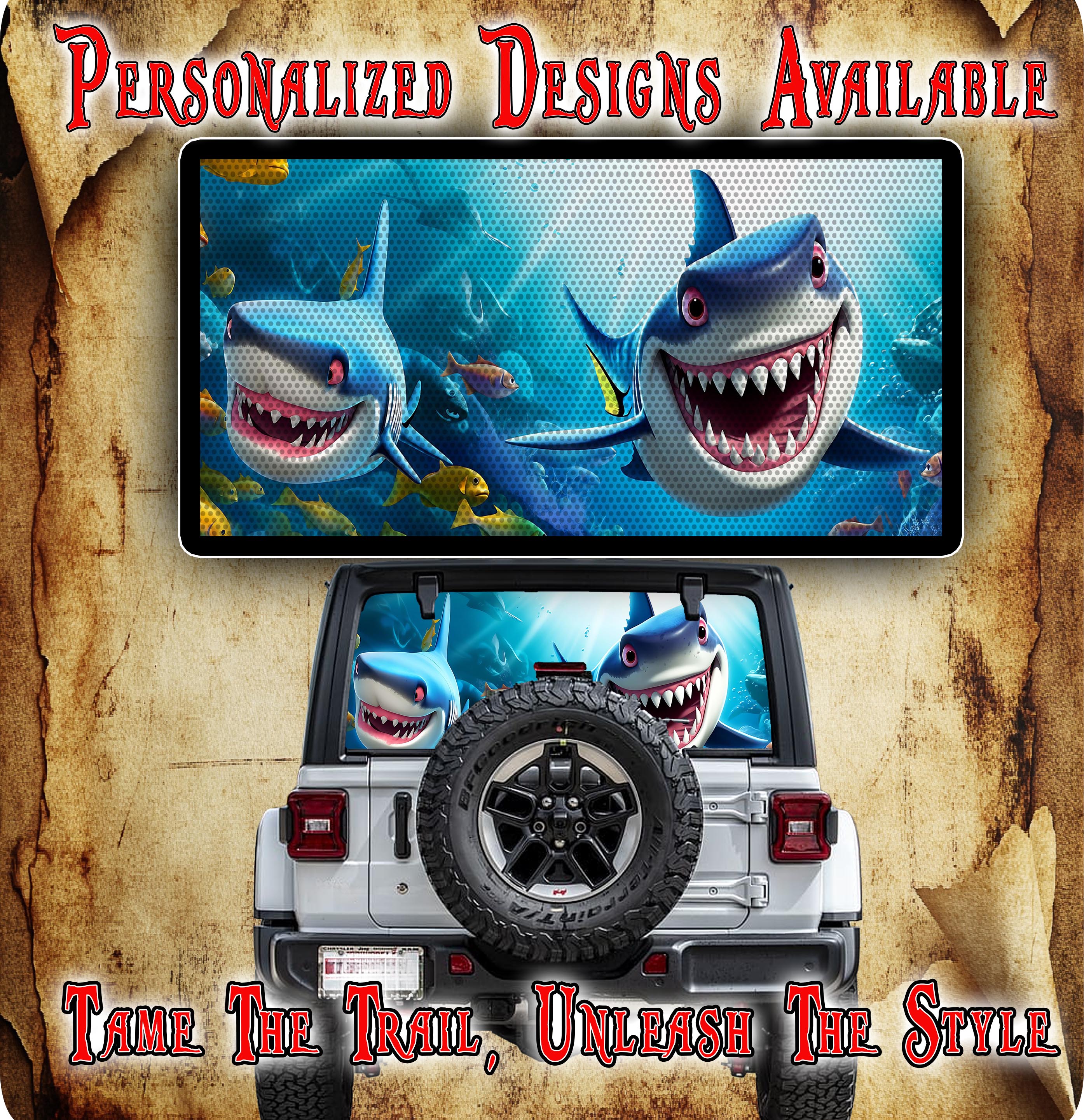 Cartoon sharks Rear window see through graphic. – L & M custom graphics LLC